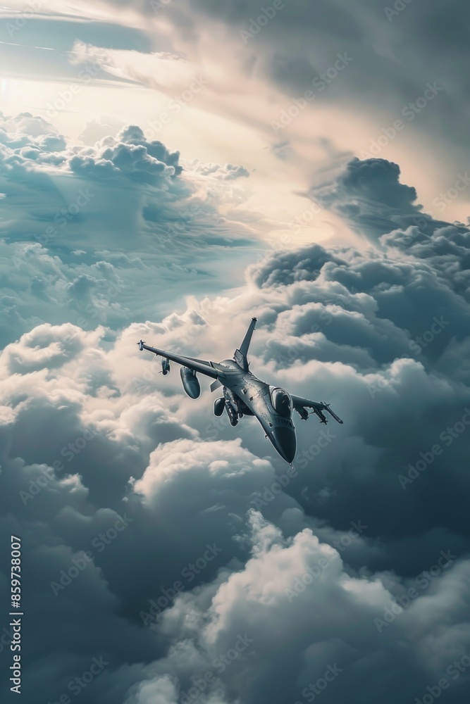 Military fighter jet in aerial perspective crossing through sky clouds ...