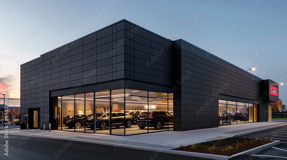 luxury car dealership with a fa? section ade of sleek, black fiber ...