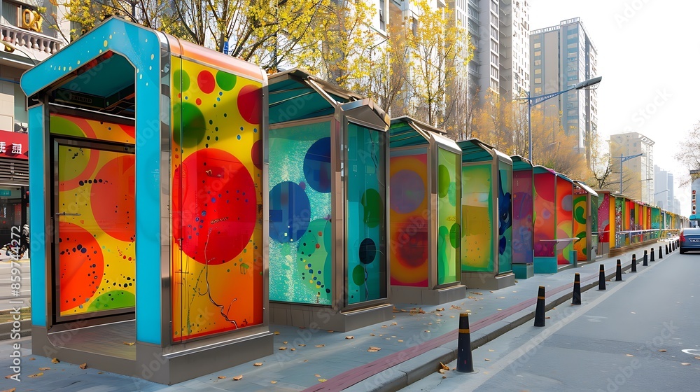 series of artistically designed bus stops around a city, each featuring ...