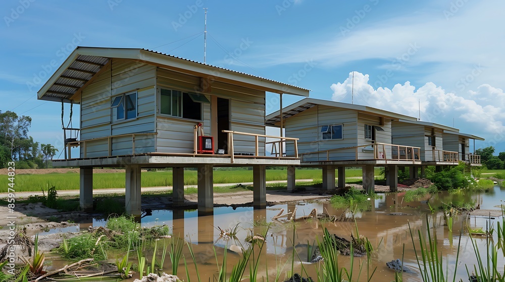 series of emergency shelters in a flood-prone area, constructed from ...