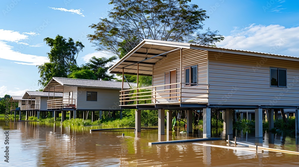 series of emergency shelters in a flood-prone area, constructed from ...