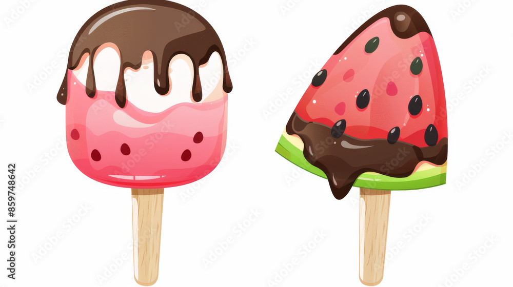 Melting ice cream cartoon on a stick collection of a watermelon and ...
