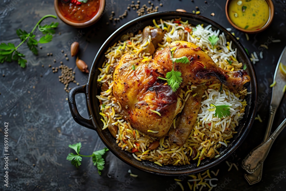 Kerala wedding chicken biryani with jeera rice and sides. Stock Photo ...