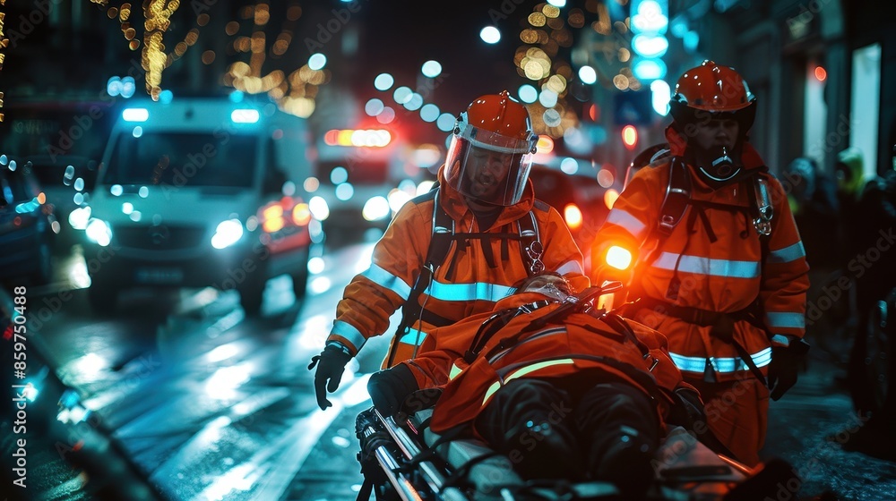 Emergency responders in orange uniforms assist a person on a stretcher ...