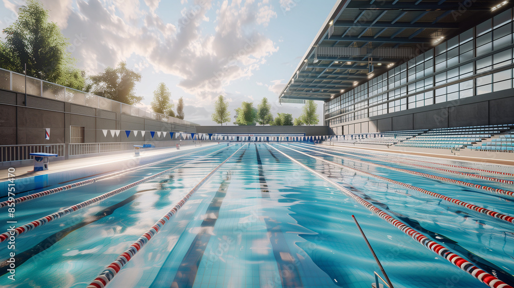 An expansive Olympic-sized swimming pool with clear blue water and ...