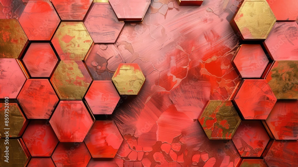 Hexagon shapes on a vibrant coral and brass background, abstract oil ...
