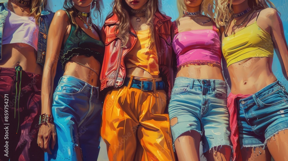 Five beautiful young women wearing colorful clothes are posing together ...