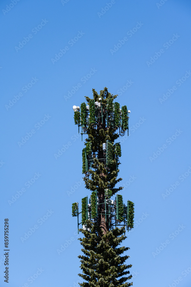 Mobility cell site camouflaged as a fir tree with artificial branches ...
