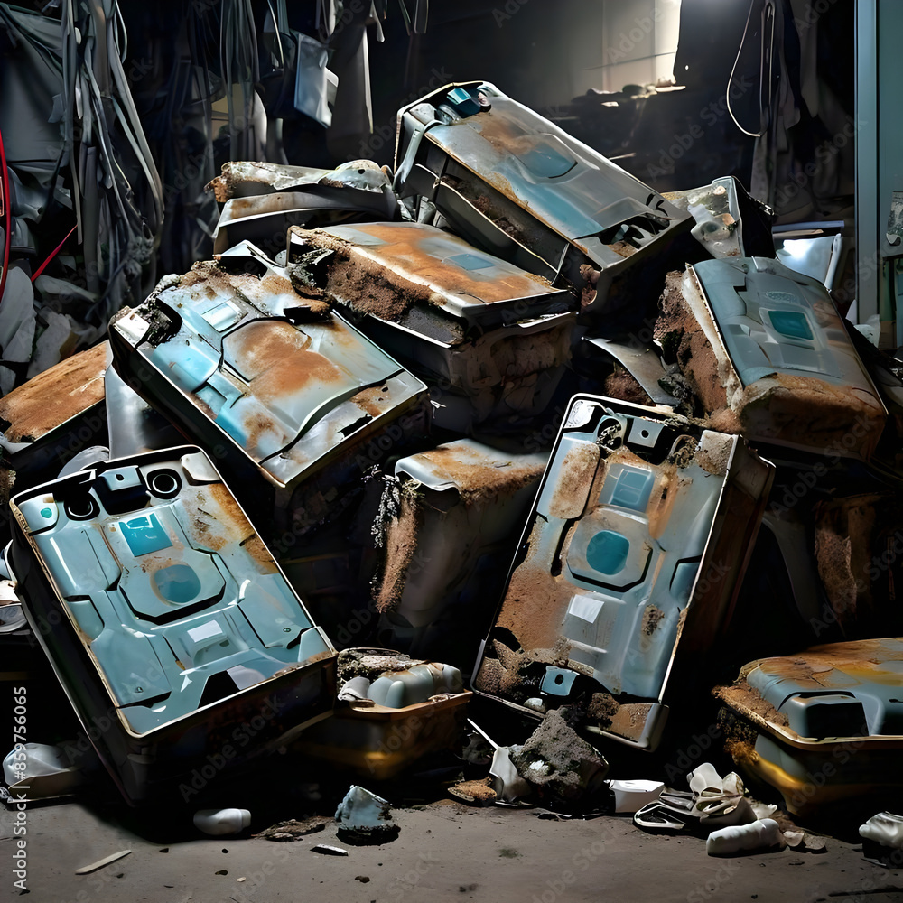 Pile of old spoiled depleted electric car batteries treated as garbage ...