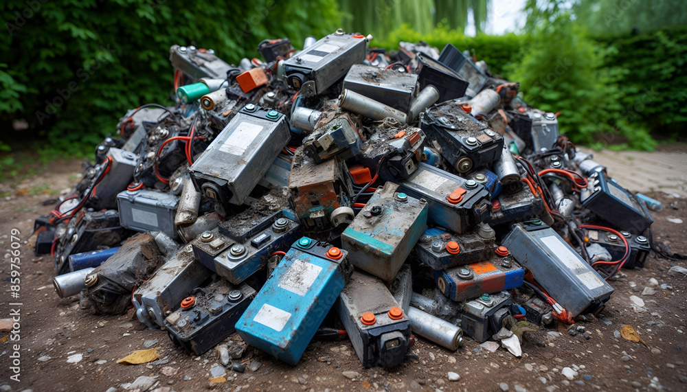 Pile of old spoiled depleted electric car batteries treated as garbage ...