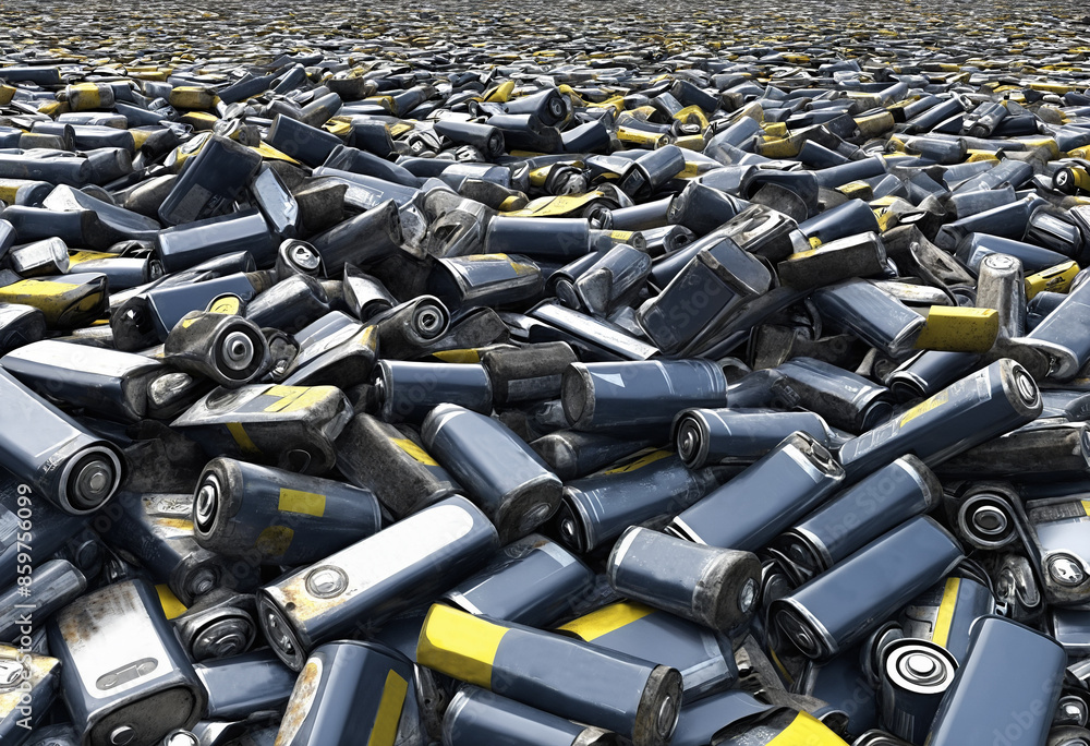 Pile of old spoiled depleted electric car batteries treated as garbage ...