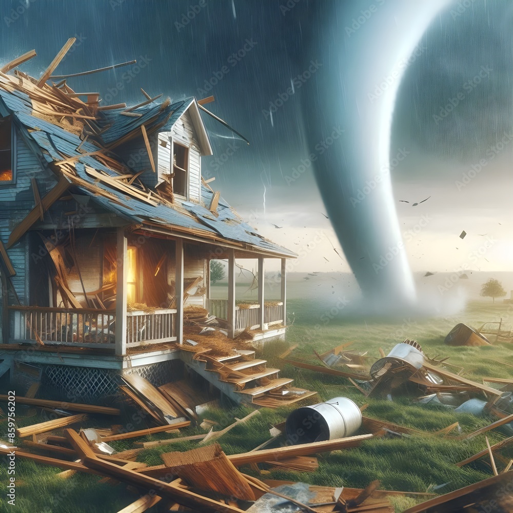 Destroyed House from tornado. House is partially collapsed and roof is ...