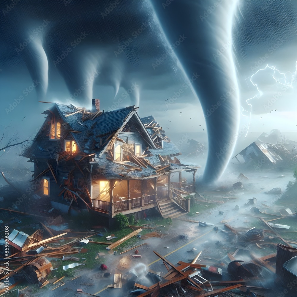 Destroyed House from tornado. House is partially collapsed and roof is ...