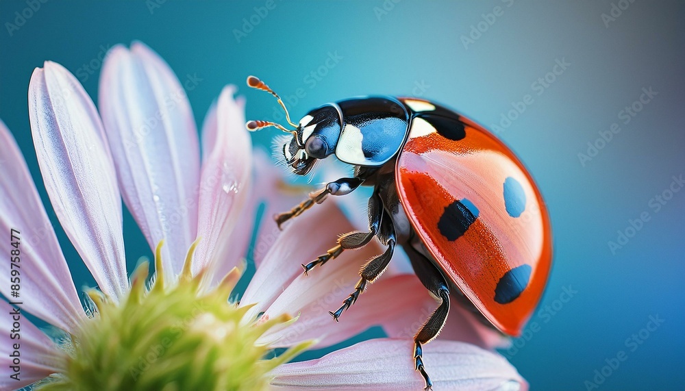 ladybug on a flower with blue background, image shot from the profile ...