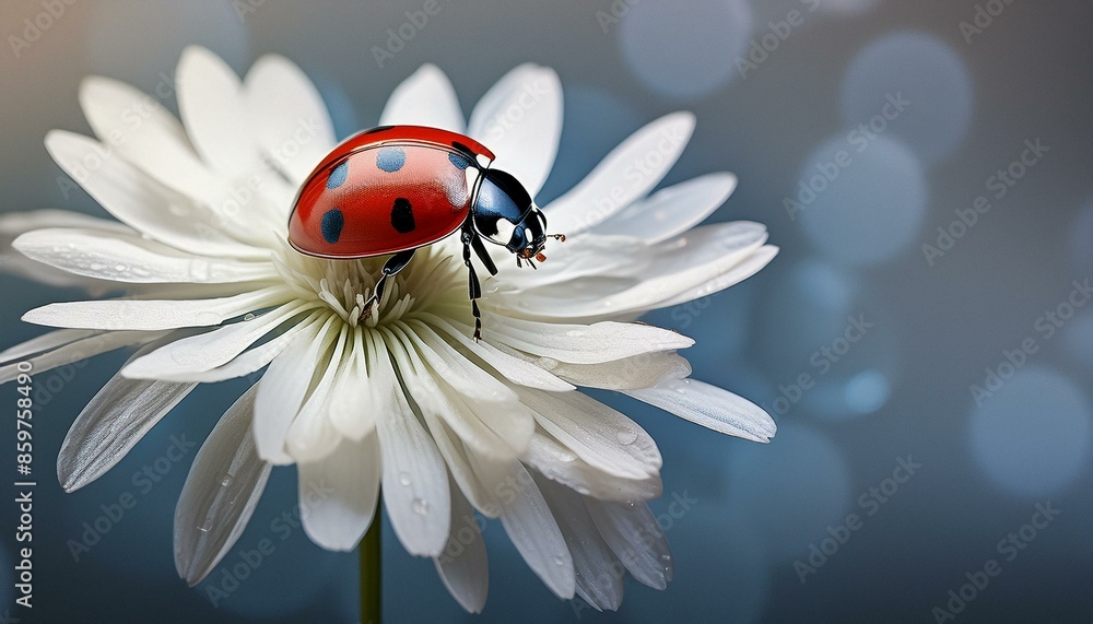 ladybug on a flower with blue background, image shot from the profile ...