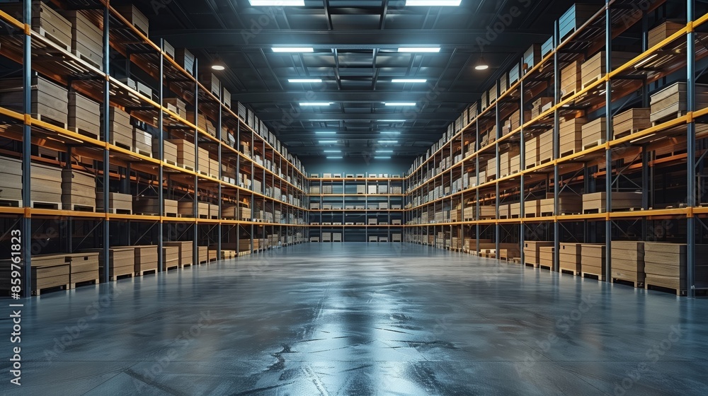 A perspective view of a long aisle in a contemporary warehouse. Tall ...