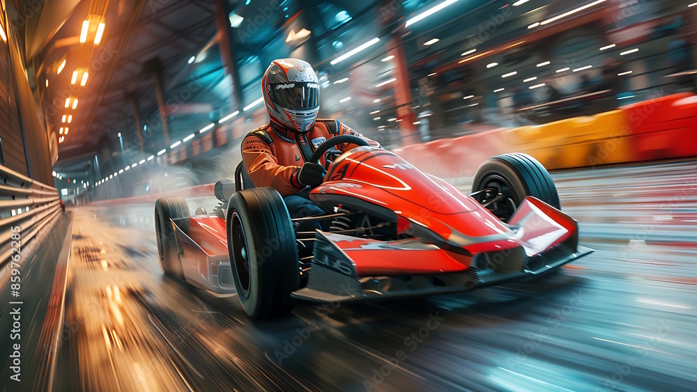 Go karts running fast, racers wearing safety uniforms in competition ...