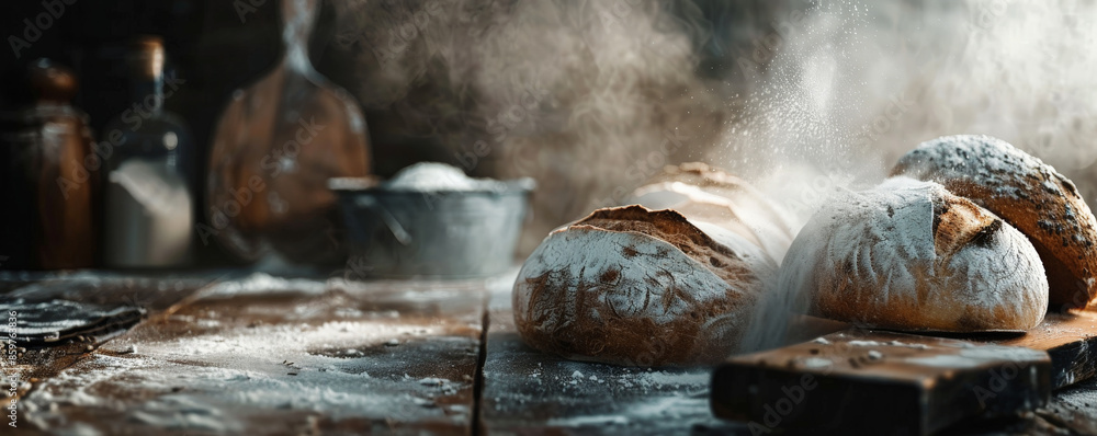 Bread bakery background with a dark, moody table surface, highlighting ...