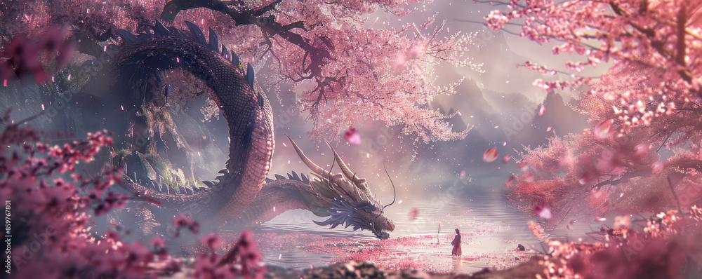 Dragon and Cherry Blossom Trees: A dragon winding through blooming ...