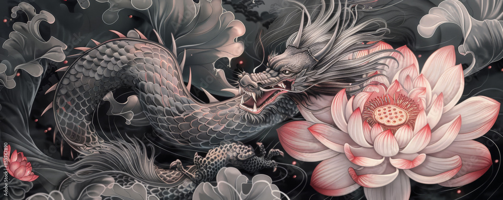 Dragon and Lotus Flower: A dragon intertwined with a blooming lotus ...