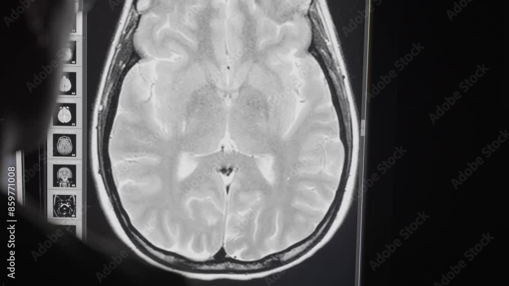 A neuroradiologist viewed from behind examines a brain MRI displayed on ...