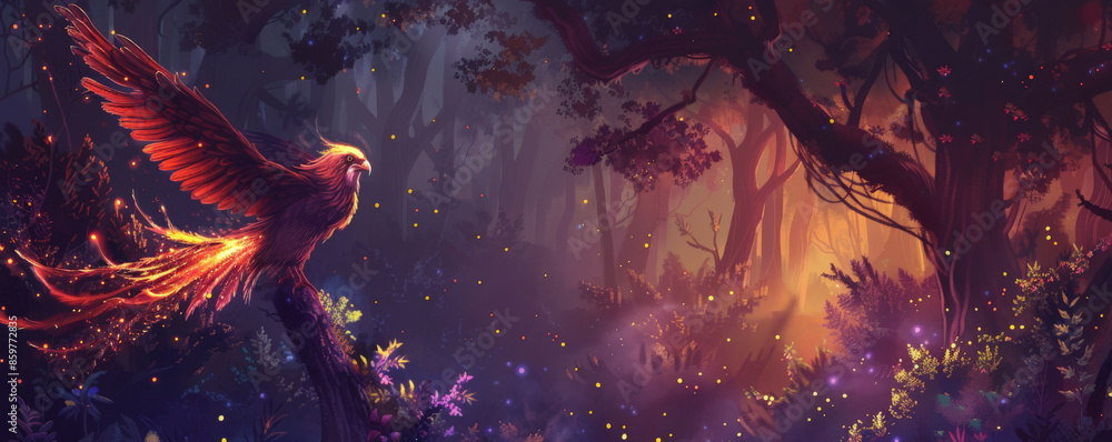 Phoenix bird background with a magical, enchanted forest theme ...