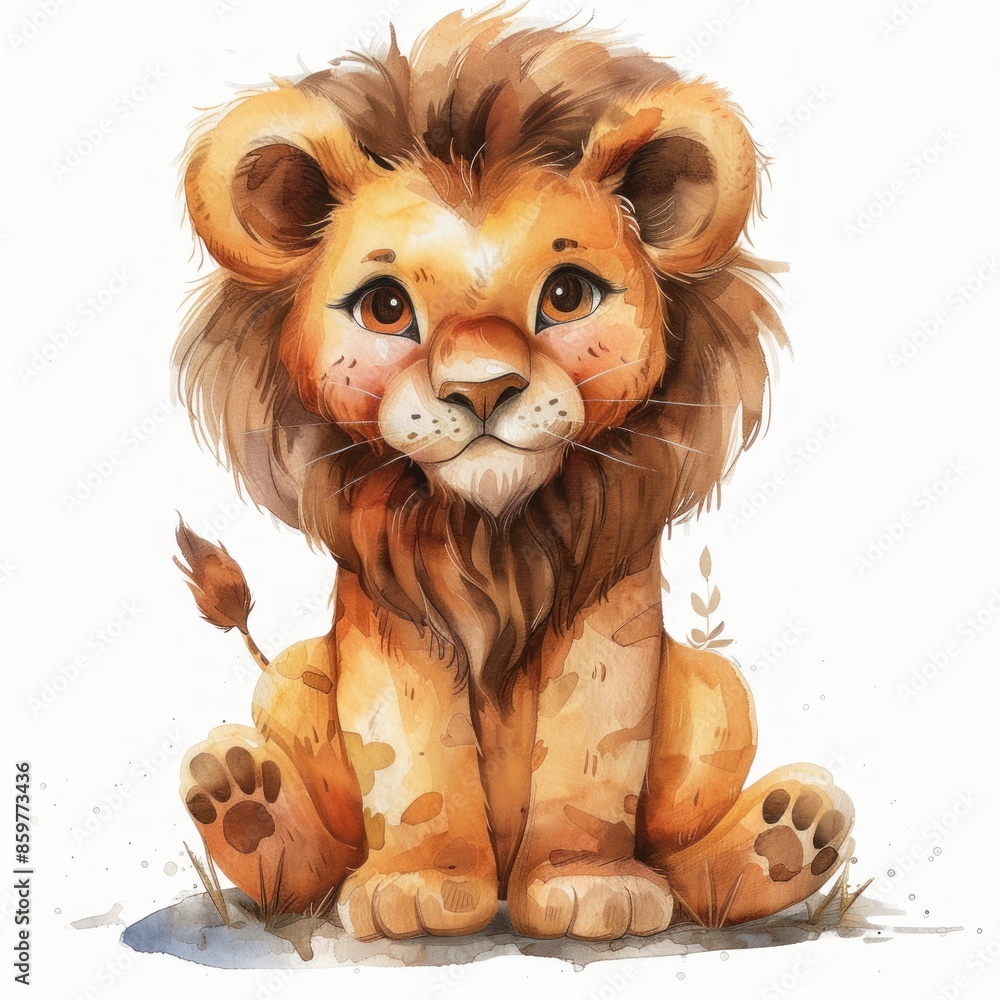Cute cartoon lion cub sitting on the ground with a fluffy mane. Stock ...