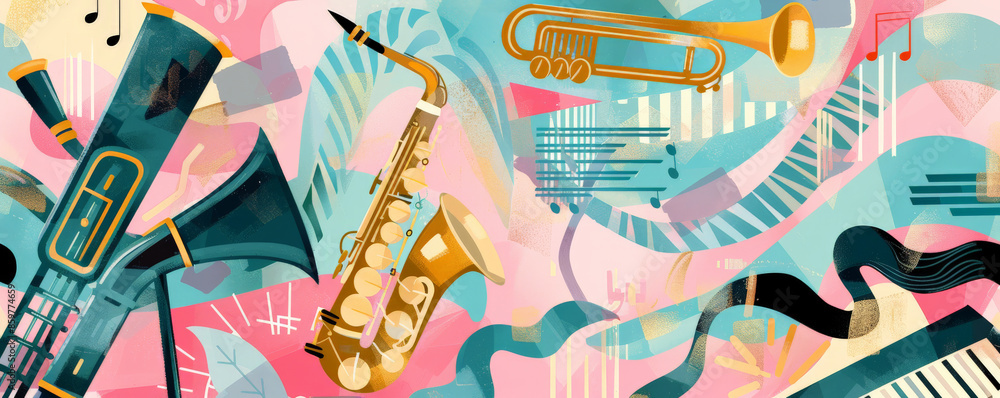 Retro jazz music background with pastel colors and vintage patterns ...