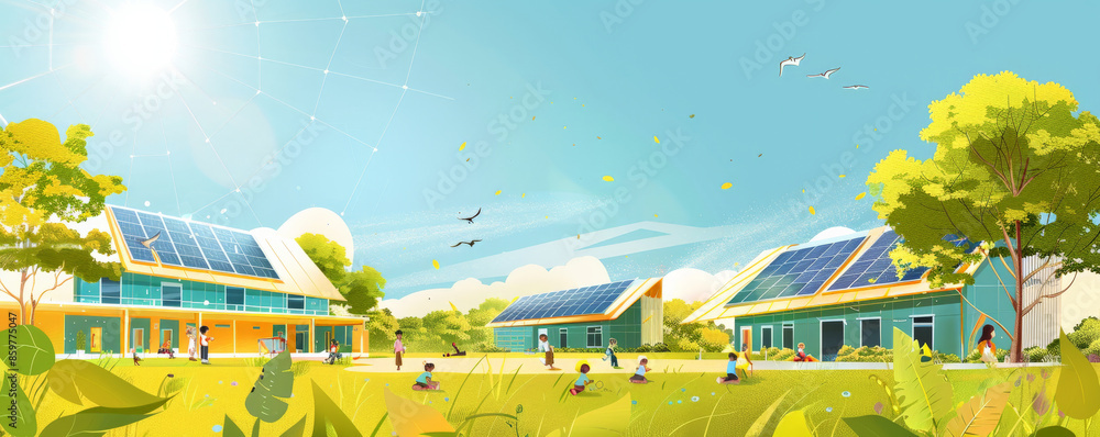 Solar energy background with an eco-friendly school powered by solar ...