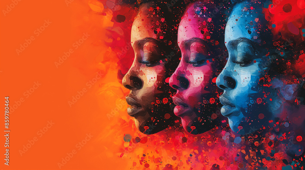 Three women's faces are shown in a painting with a red background. The ...