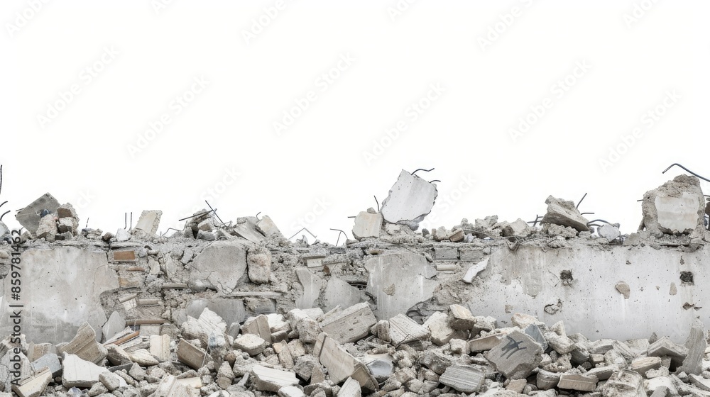 Destroyed building debris on white background Remnants of concrete ...