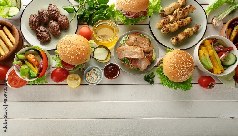 summer bbq or picnic food top border variety of burgers grilled meat ...