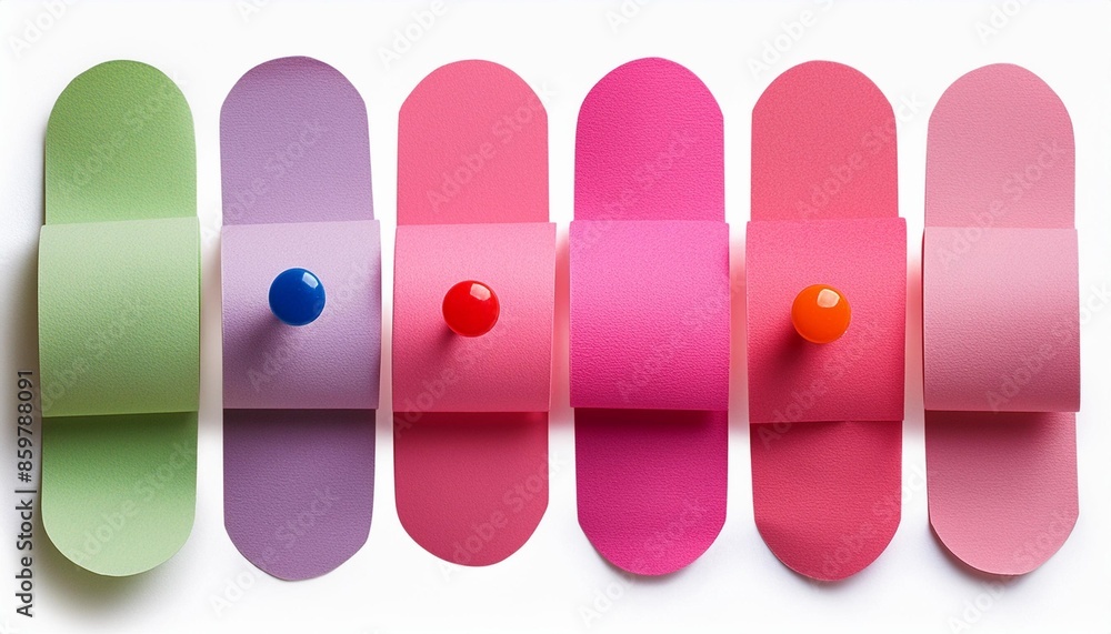 various colors pink oblong sticky post it note pushpin isolated ...