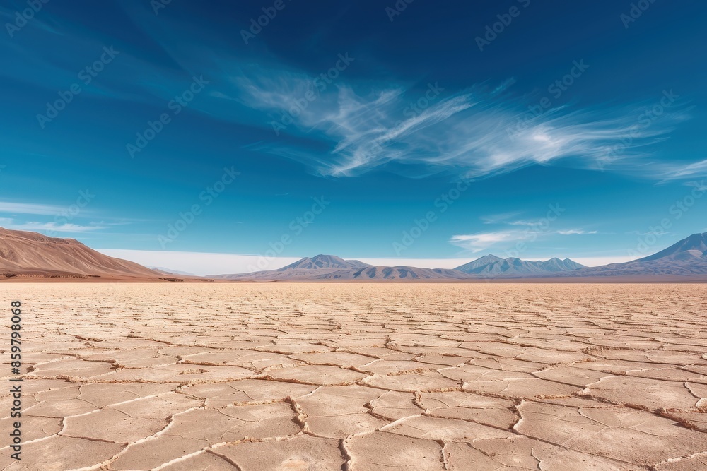 Stunning landscape of a cracked desert floor under a vibrant blue sky ...
