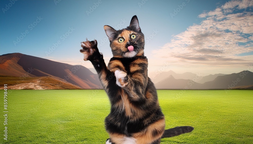 Foto de mottled tortoiseshell cat sits comically on its hind legs ...