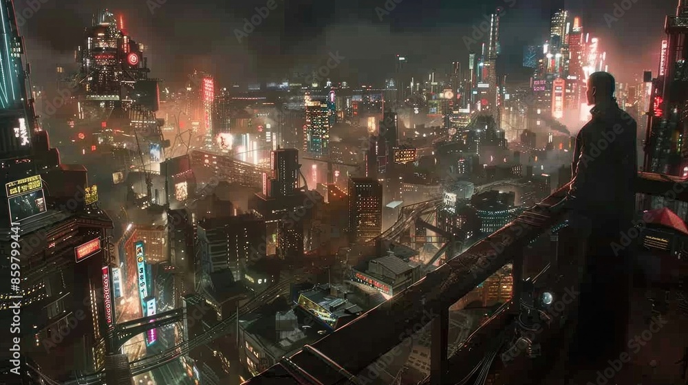 Dystopian Rooftop: A rooftop overlooking the cityscape, with ...