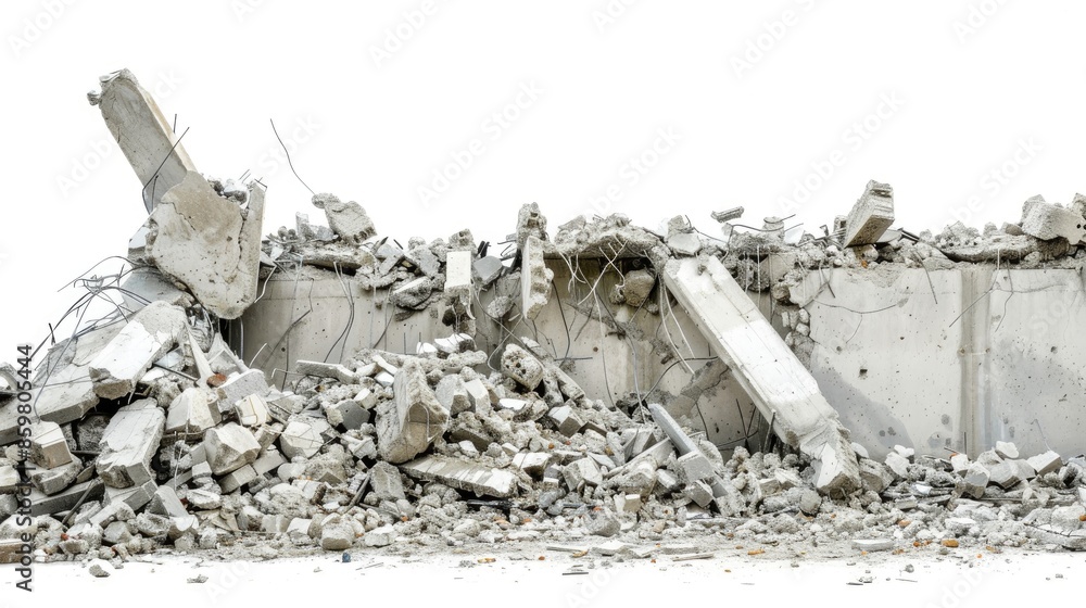 Destroyed building debris on white background Remnants of concrete ...