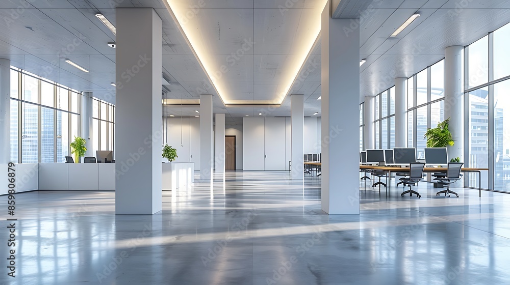 Modern office interior with white columns and panoramic windows, desks ...