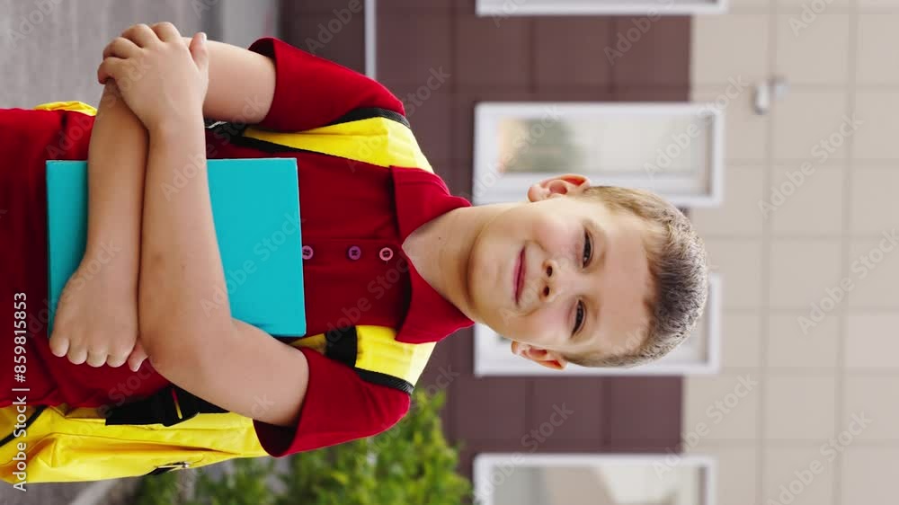 boy child kid schoolboy first grader backpack holding textbook book ...