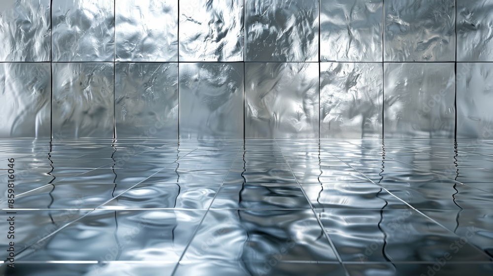 Abstract image of a reflective, gridded surface with a distorted ...