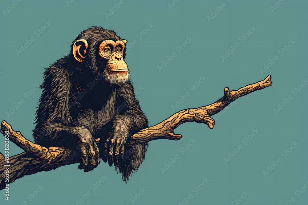vintage style illustrated ape on a stick, ape illustration, ape in the ...