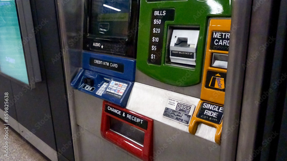 Blue ATM card reader with a slot for inserting a card and a numeric ...