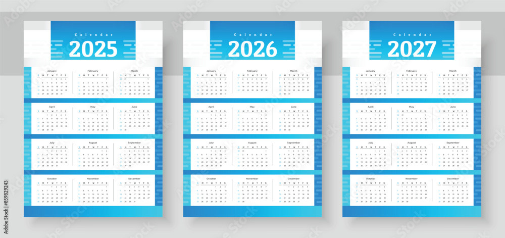 2025, 2026 and 2027 calendar set. The week starts on Sunday. Simple ...