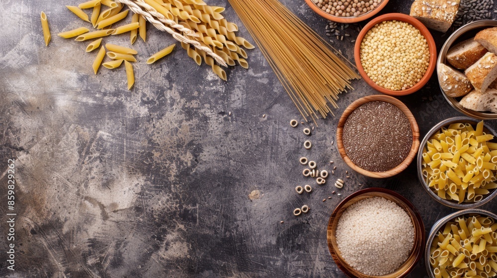 Various carbohydrate-rich foods including bread, pasta, grains, and ...