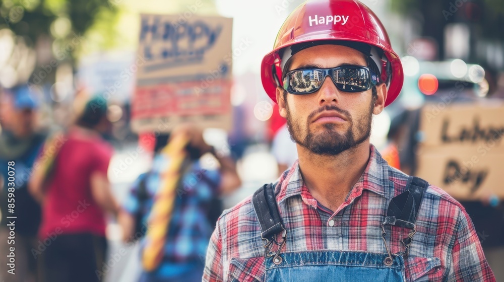 Male Laborer in a Red Hard hat, Labor Day celebration parade, Outdoor ...