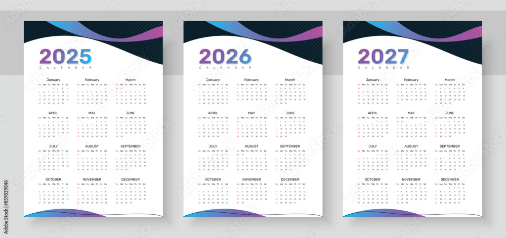 2025, 2026 and 2027 calendar set. The week starts on Sunday. Simple ...