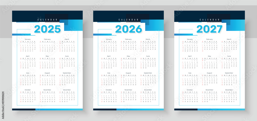 2025, 2026, 2027 years calendar. The week starts on Sunday. Simple ...