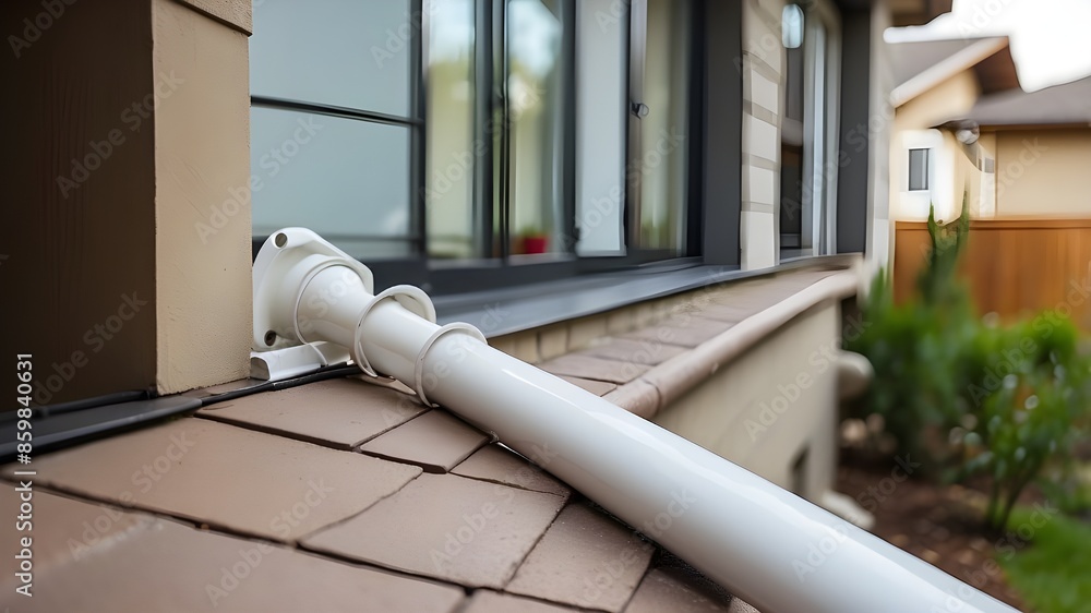 Foto de Newly installed gutter downspout in a modern home. Professional ...