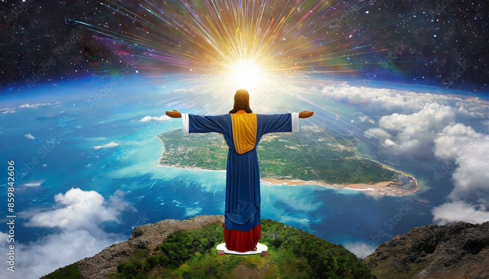 Jesus God as the redeemer watching over the earth from space, created ...