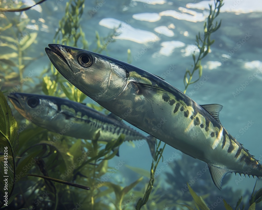 Mackerel swimming in their natural habitat, showcasing marine life and ...